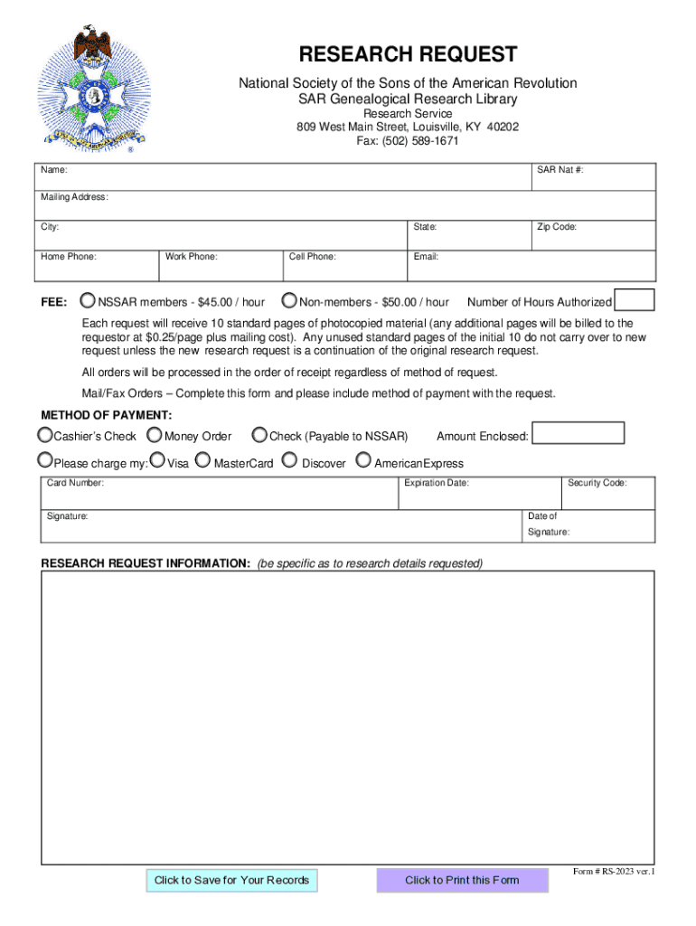 Fillable Online Sar Genealogical Research Library Request Fax Email Print - pdfFiller