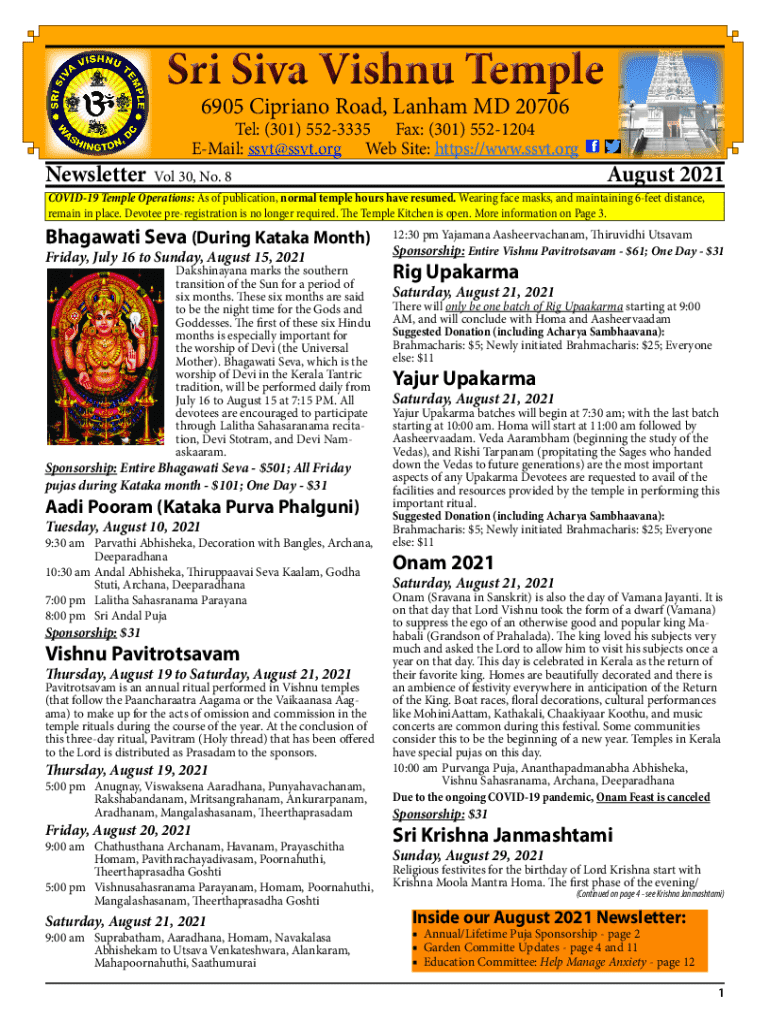 Fillable Online SSVT - Sri Siva Vishnu Temple DC Fax Email Print - pdfFiller