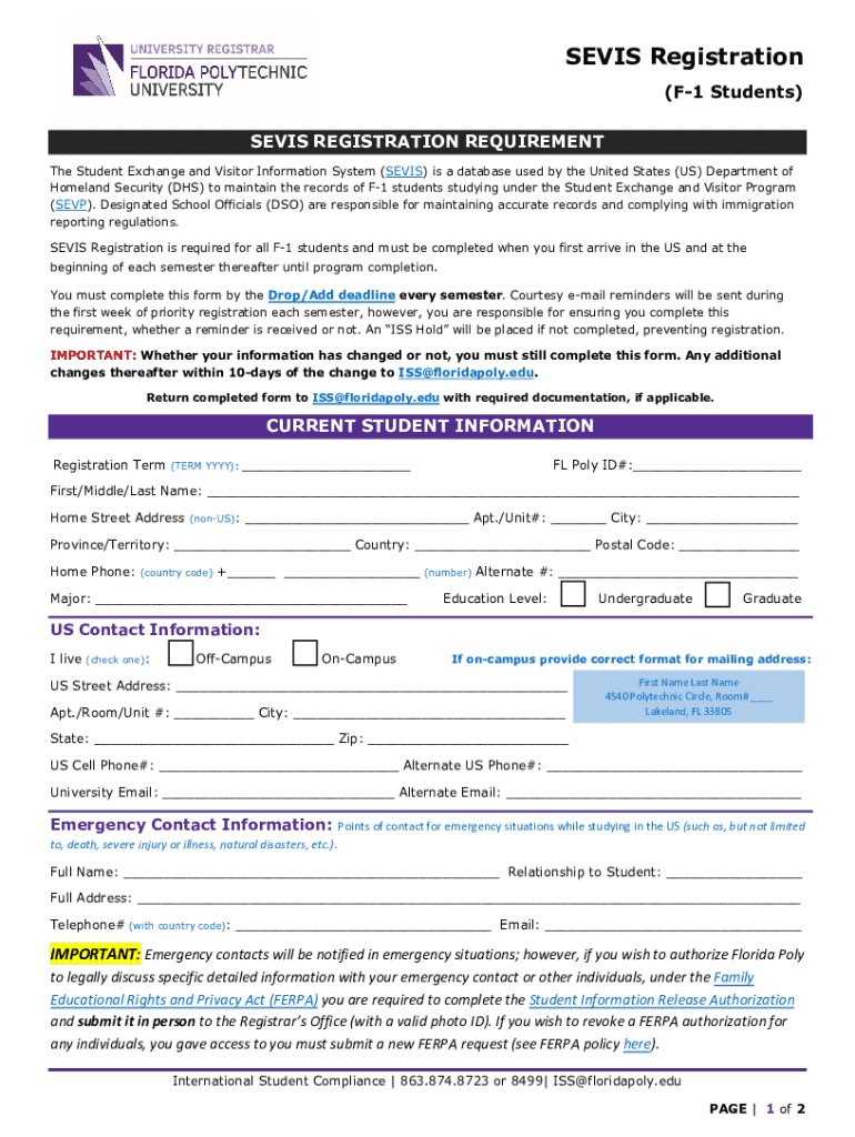 Fillable Online Sevis Registration for F-1 Students Fax Email Print - pdfFiller