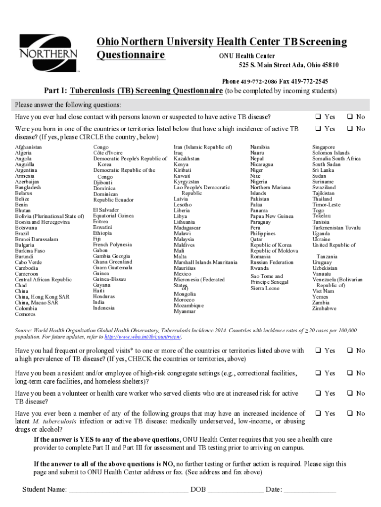 Fillable Online Tb Screening Questionnaire for Incoming Students Fax ...