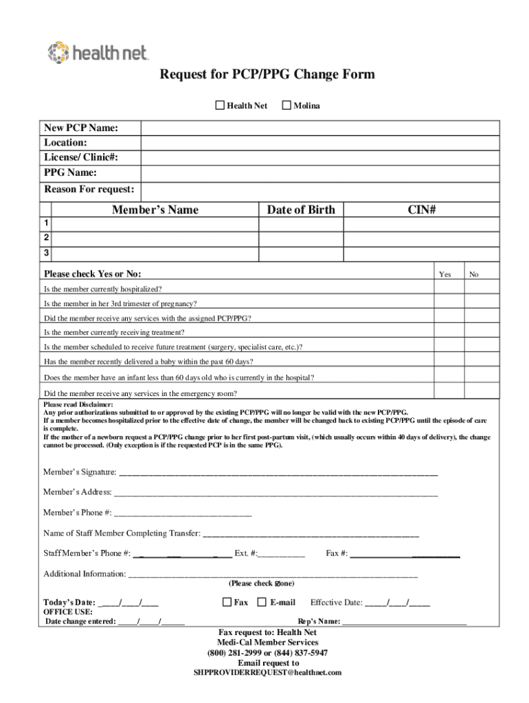 Fillable Online Request for PCP/PPG Change Form Fax Email Print - pdfFiller