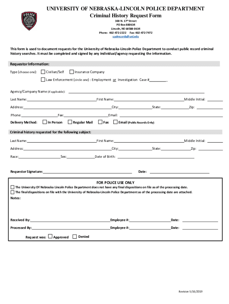 Fillable Online Criminal History Request Form - University of Nebraska ...