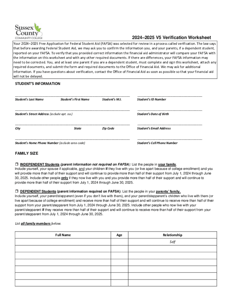 Fillable Online 2024-2025 V5 Verification Worksheet Fax Email Print - pdfFiller