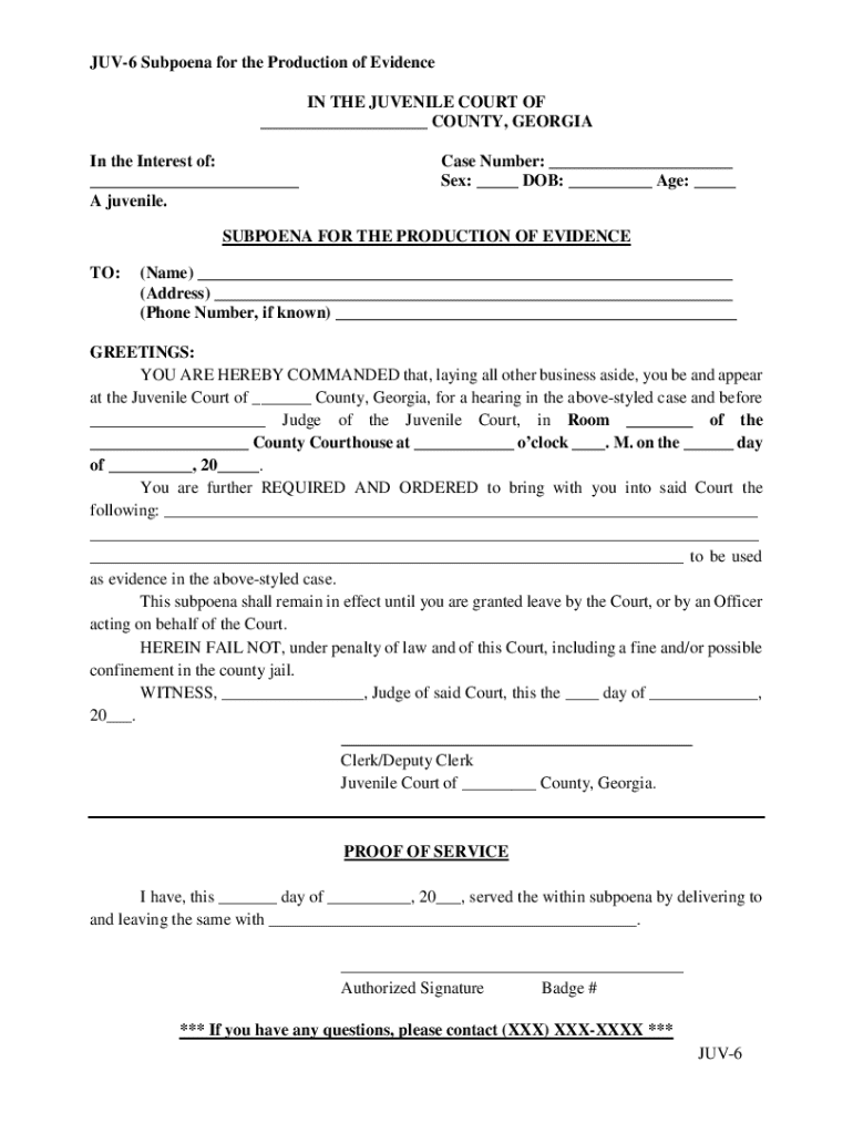 Fillable Online Subpoena for the Production of Evidence in Juvenile ...
