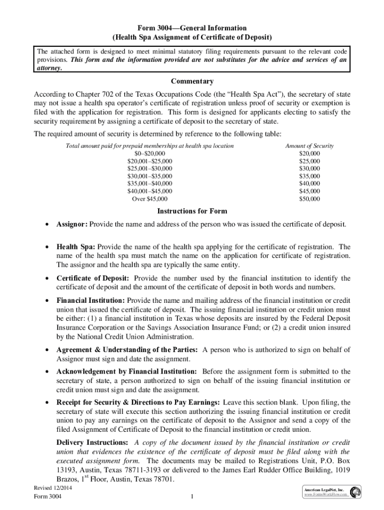 Fillable Online Health Spa Assignment of Certificate of Deposit Fax ...