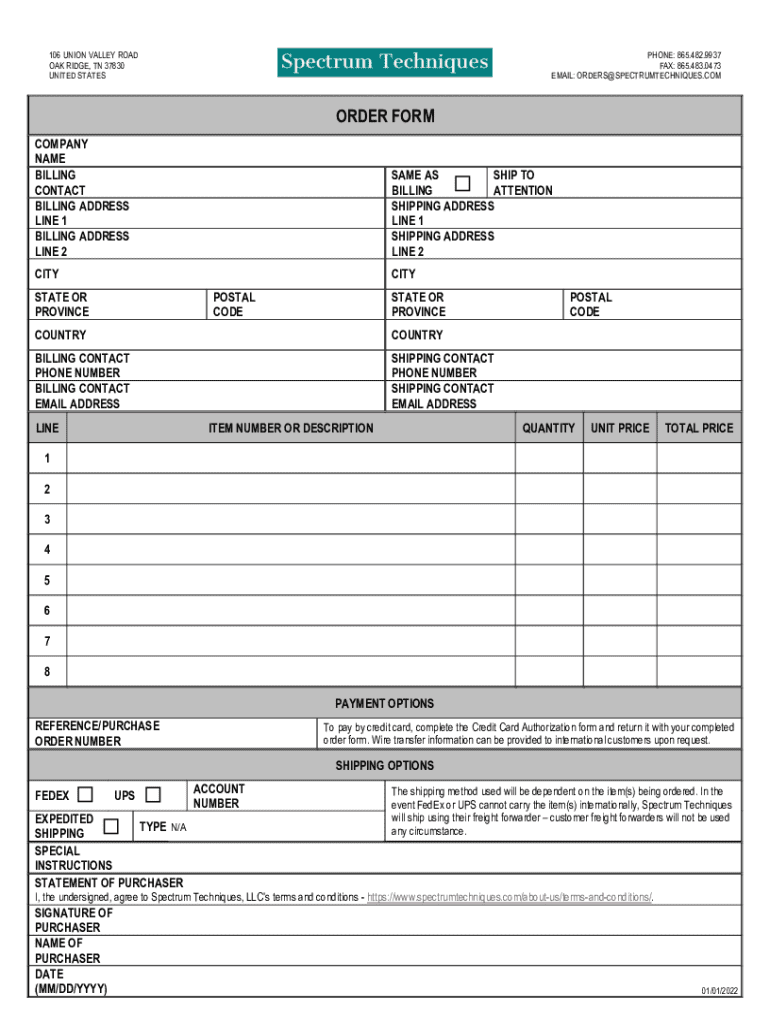 Fillable Online Spectrum Techniques Order Form Fax Email Print - pdfFiller