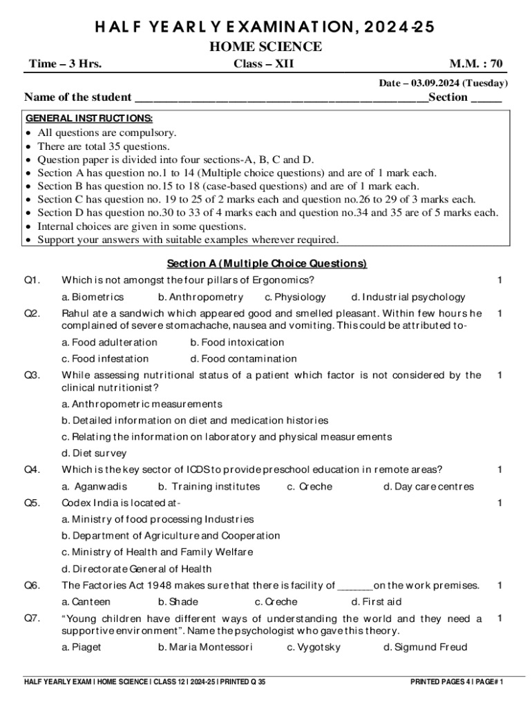 Fillable Online Home Science Class Xii Fax Email Print - pdfFiller