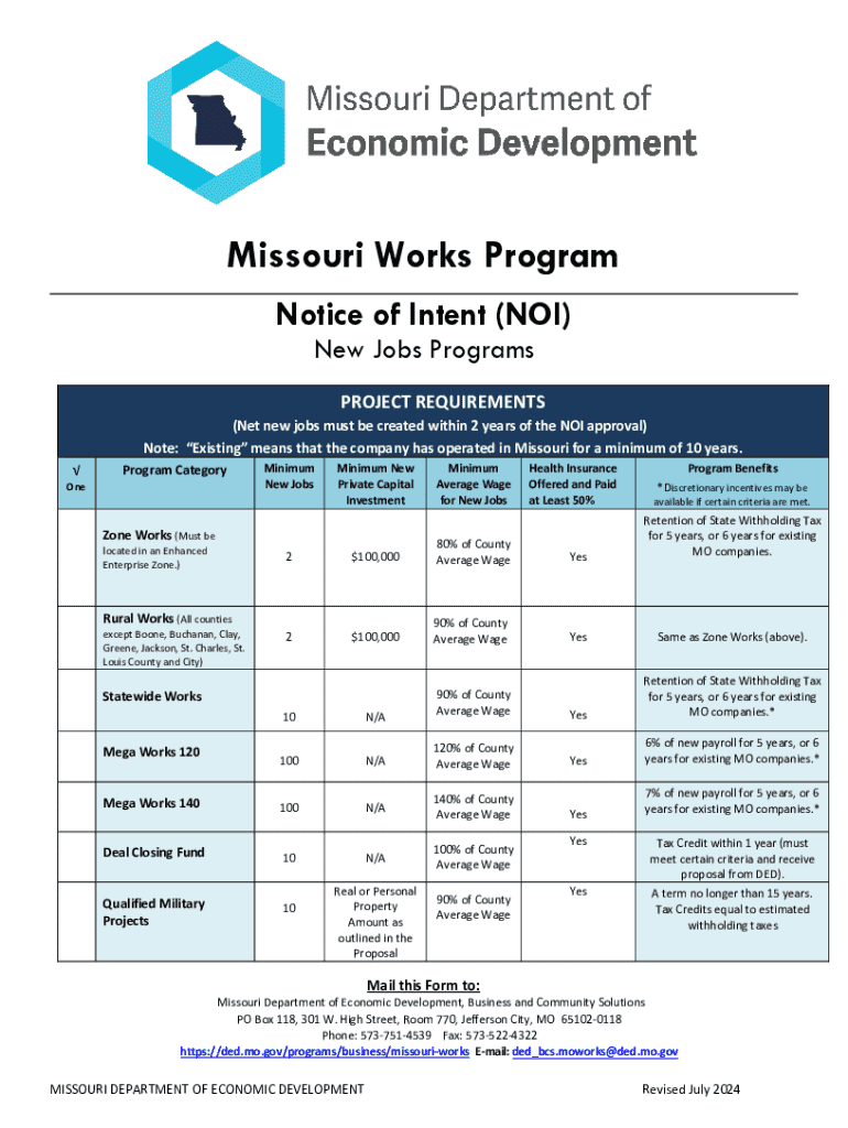 Fillable Online Missouri Works Program - Notice of Intent Fax Email ...