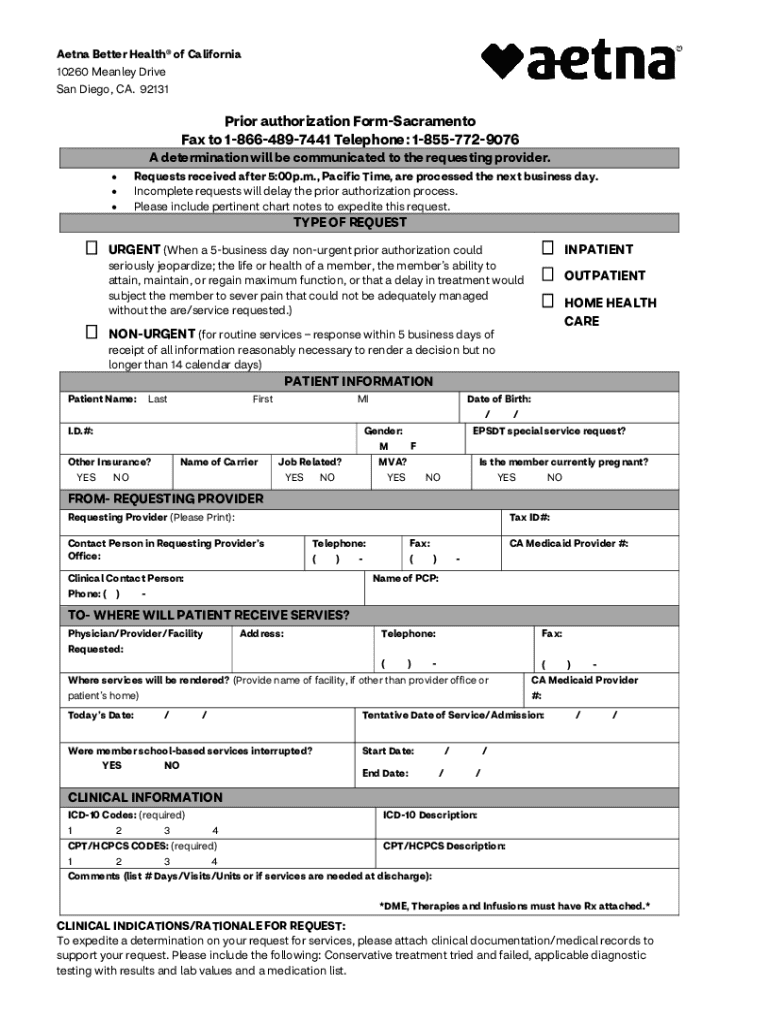 Fillable Online Aetna Better Health® of California Prior Authorization ...