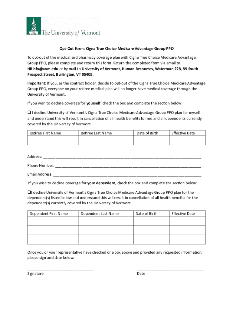 Fillable Online Cigna True Choice Medicare Advantage Group Ppo Opt-out Form Fax Email Print ...