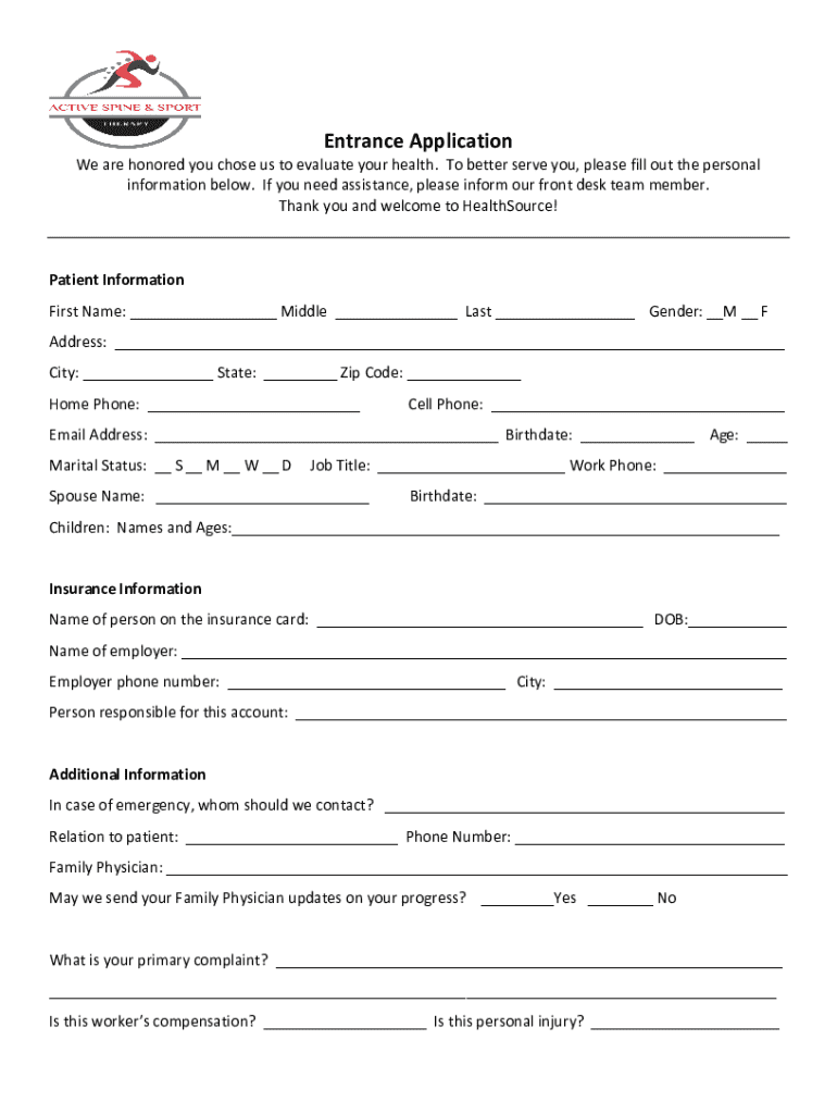 Fillable Online Healthsource Patient Entrance Application Fax Email ...