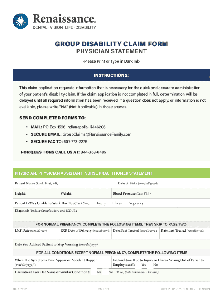 Fillable Online Physician Statement for Disability Claim Fax Email ...