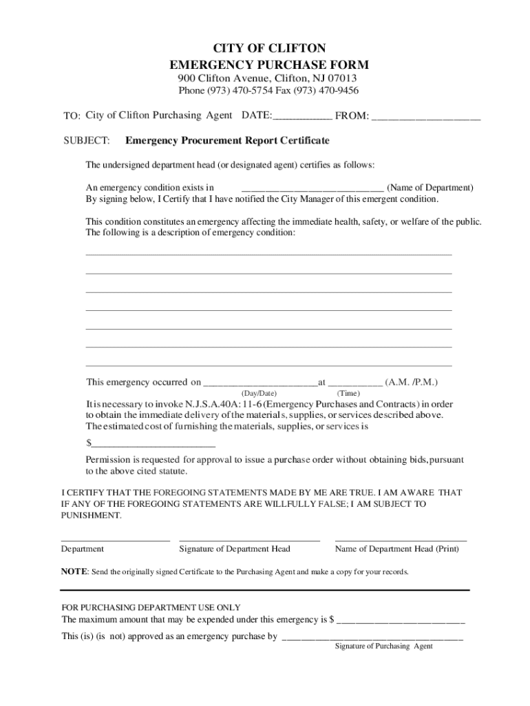 Fillable Online CITY OF CLIFTON EMERGENCY PURCHASE FORM Fax Email Print ...