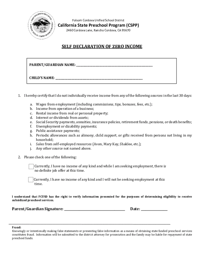 Fillable Online California State Preschool Program - Self Declaration ...