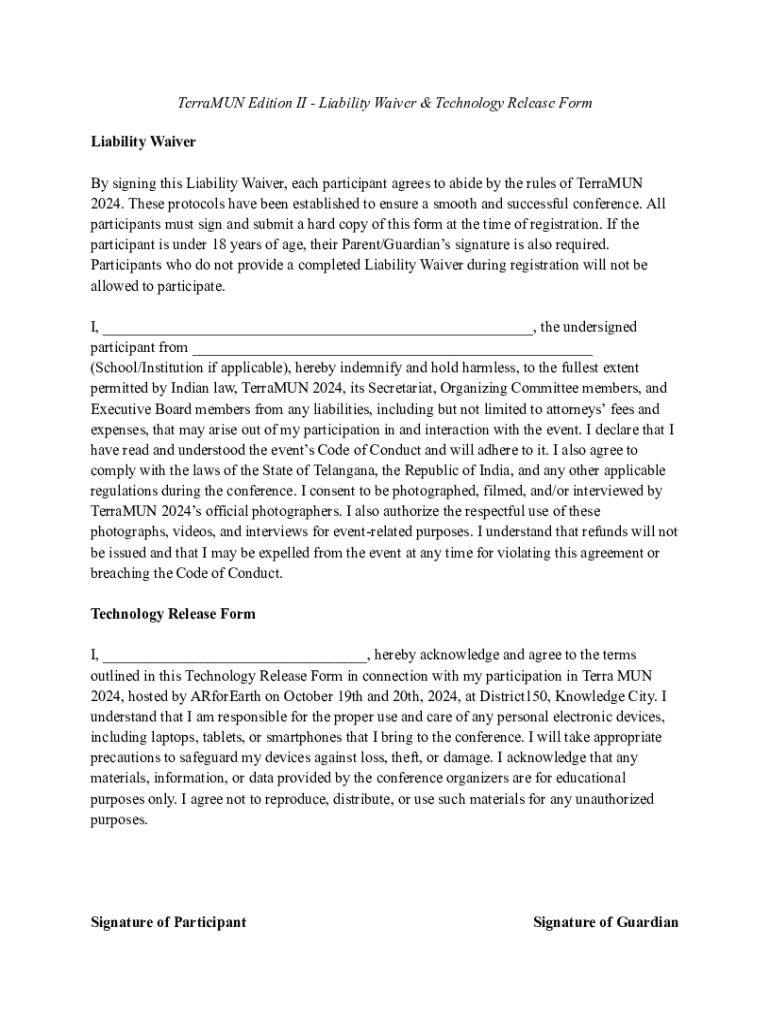 Fillable Online TerraMUN Edition II - Liability Waiver & Technology ...