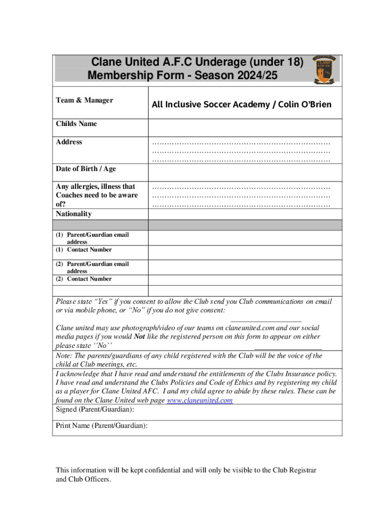 Fillable Online Clane United A.F.C Underage (under 18) Membership Form ...