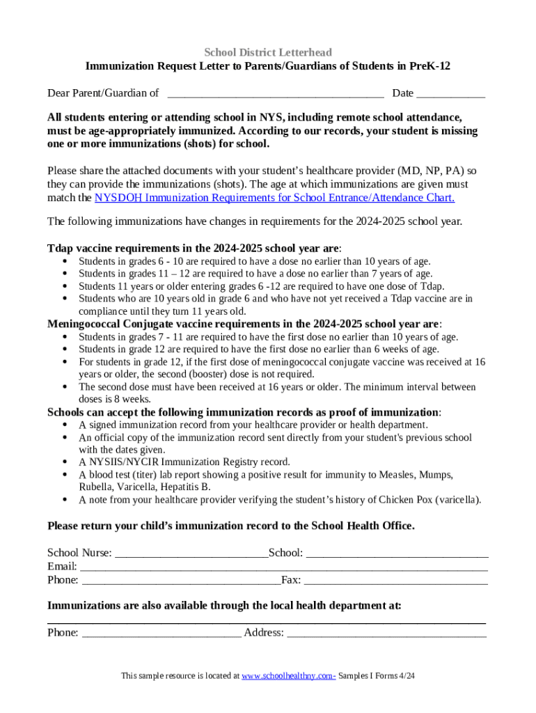 Immunization Request Letter Doc Template | pdfFiller