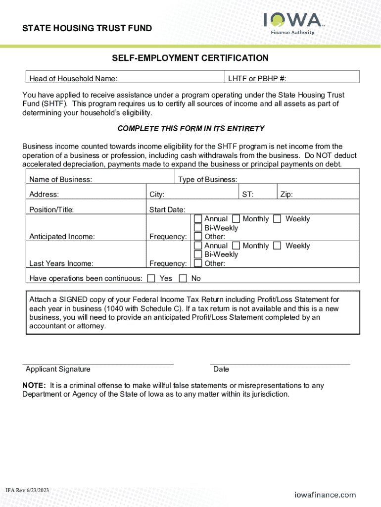 Fillable Online State Housing Trust Fund Self-employment Certification ...