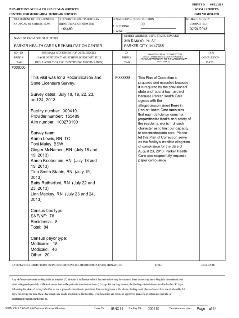 Fillable Online Statement of Deficiencies - Parker Health Care ...