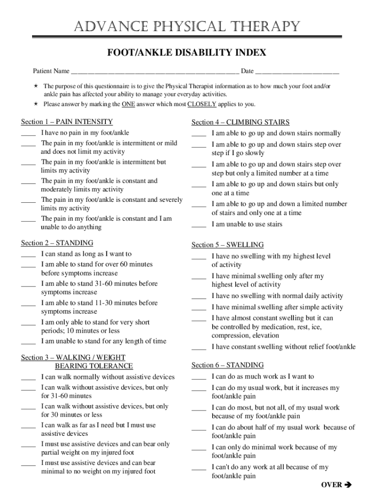 Fillable Online Foot/ankle Disability Index Questionnaire Fax Email ...