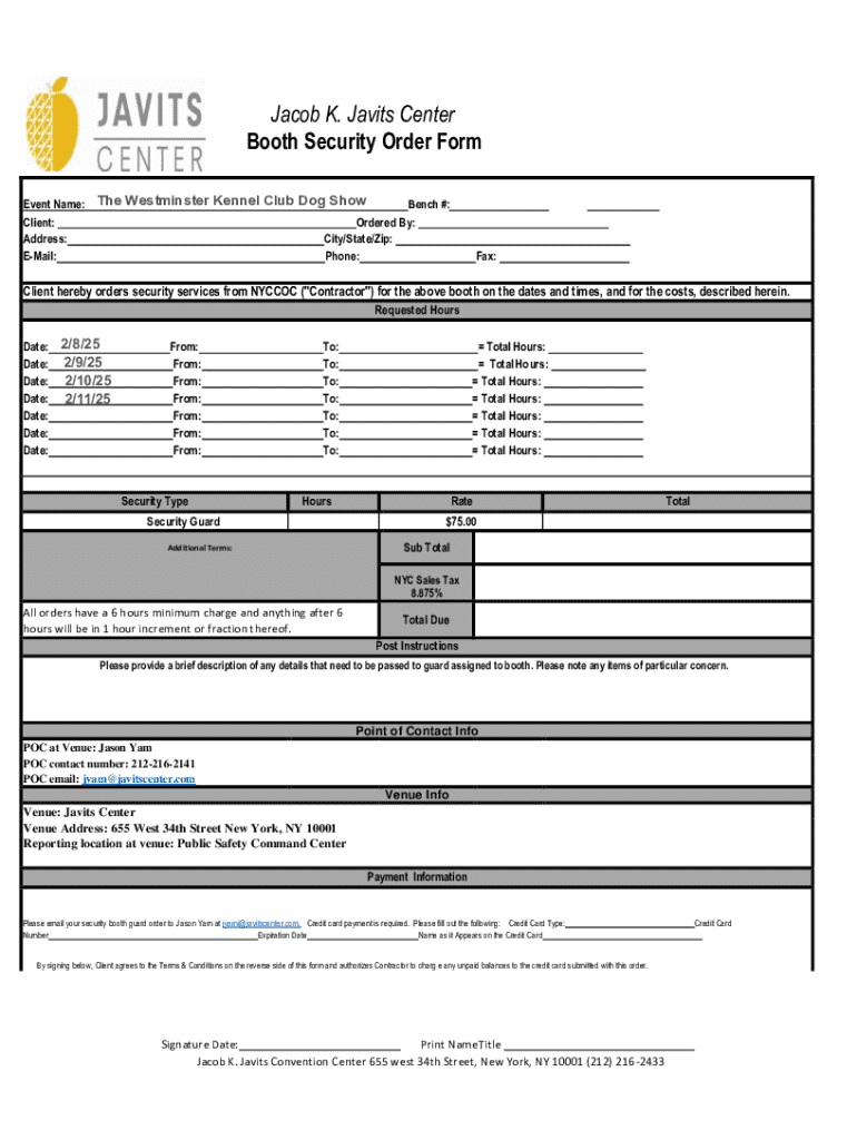 Fillable Online Security Services Order for the Westminster Kennel Club ...