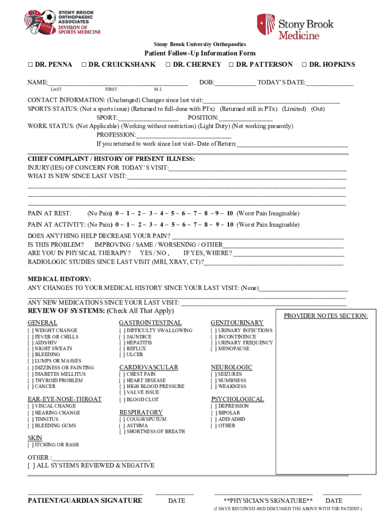 Fillable Online Stony Brook University Orthopaedics Patient Follow-up Fax Email Print - pdfFiller