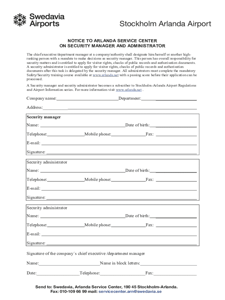 Fillable Online Notice to Arlanda Service Center on Security Manager ...