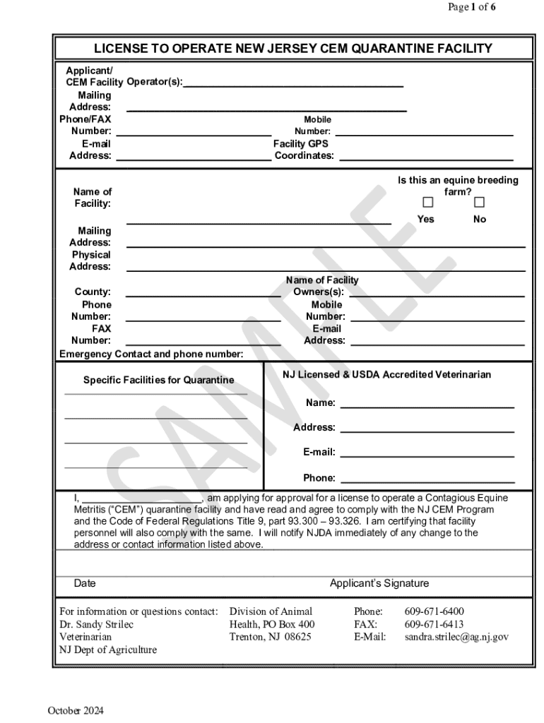 Fillable Online New Jersey Contagious Equine Metritis Quarantine ...