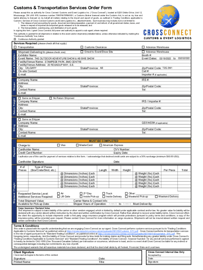 Fillable Online Customs Clearance and Transportation Services ...