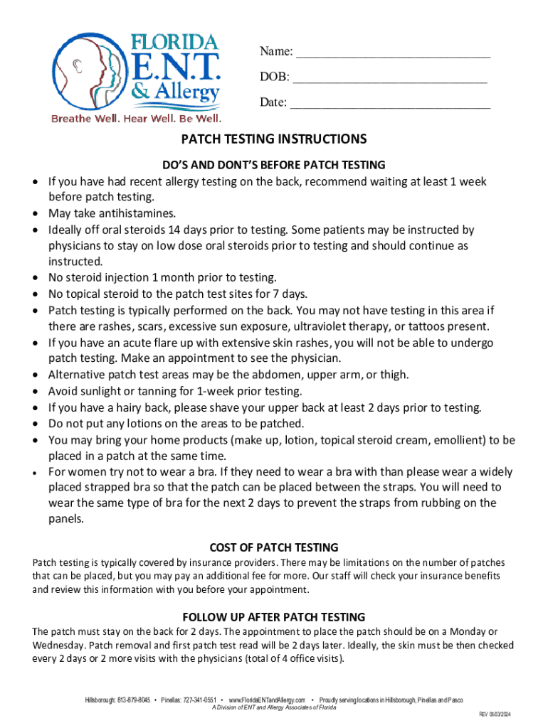 Fillable Online What to Expect During Patch Testing Fax Email Print ...