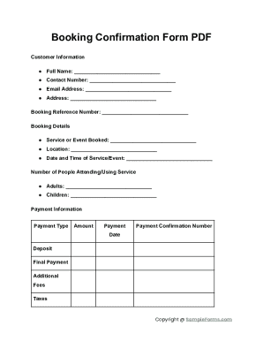 Fillable Online Booking Confirmation Form Pdf Fax Email Print - pdfFiller