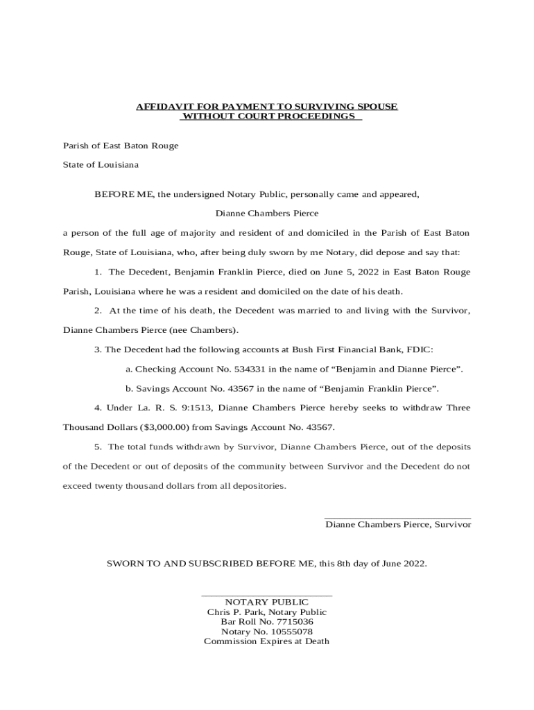 Affidavit for Payment to Surviving Spouse Doc Template | pdfFiller