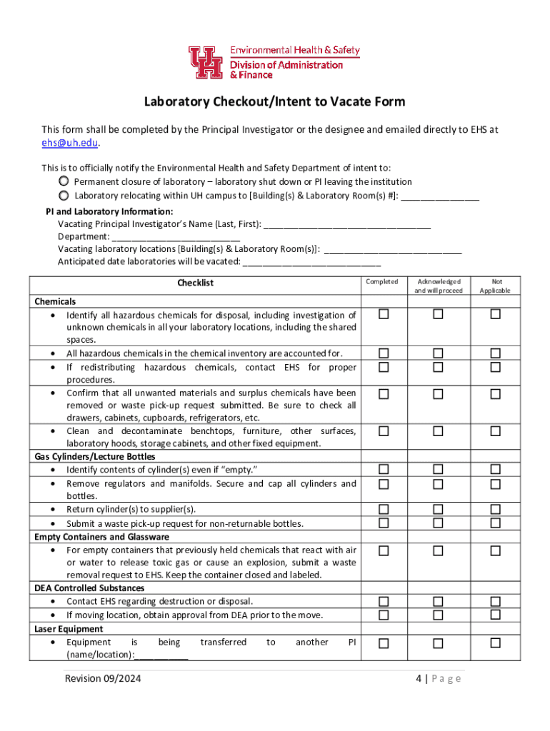 Fillable Online UH Laboratory Checkout/Intent to Vacate Procedures Fax ...