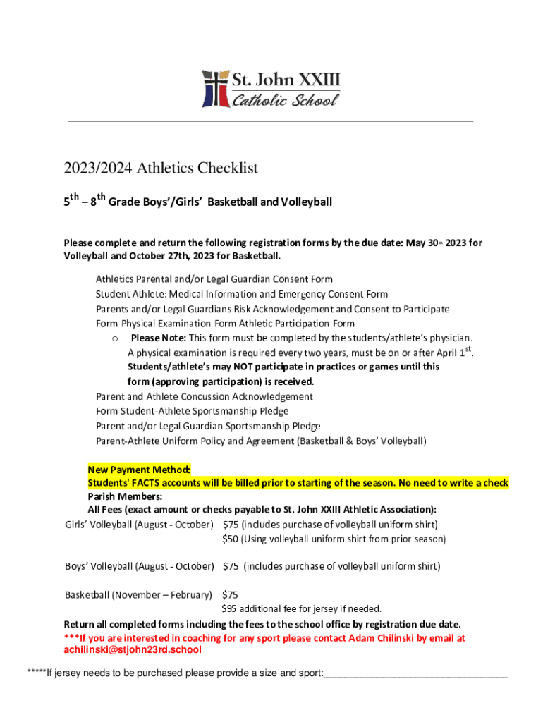 Fillable Online 2023/2024 Athletics Checklist - St. John XXIII Catholic School Fax Email Print ...