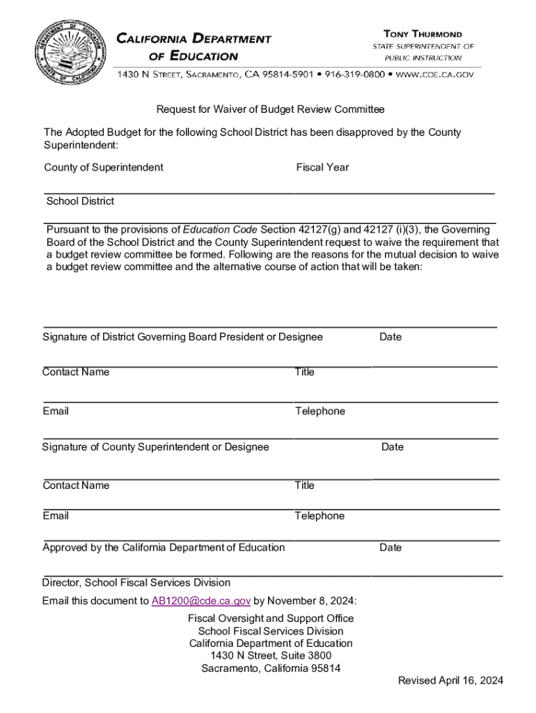 Fillable Online Waiver Request for Budget Review Committee Fax Email ...