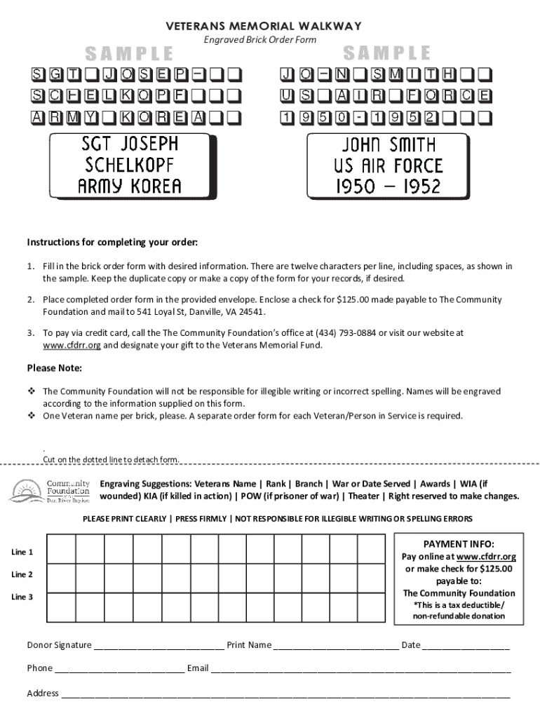 Fillable Online Veterans Memorial Walkway Engraved Brick Order Form Fax ...