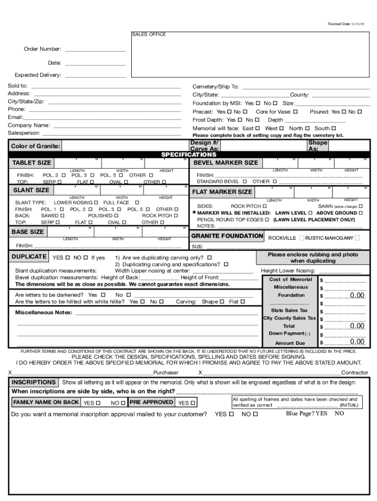 Fillable Online Order for Memorial Stone Fax Email Print - pdfFiller