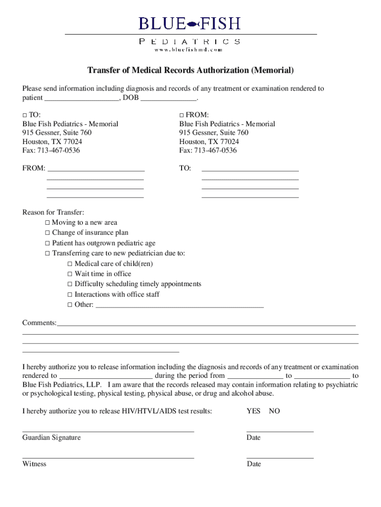 Fillable Online Transfer of Medical Records Authorization (memorial ...