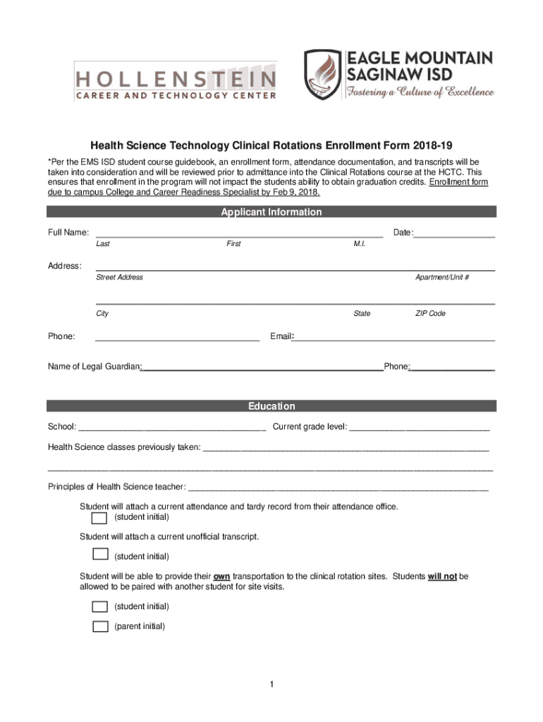 Fillable Online Health Science Technology Clinical Rotations Enrollment Form Fax Email Print ...