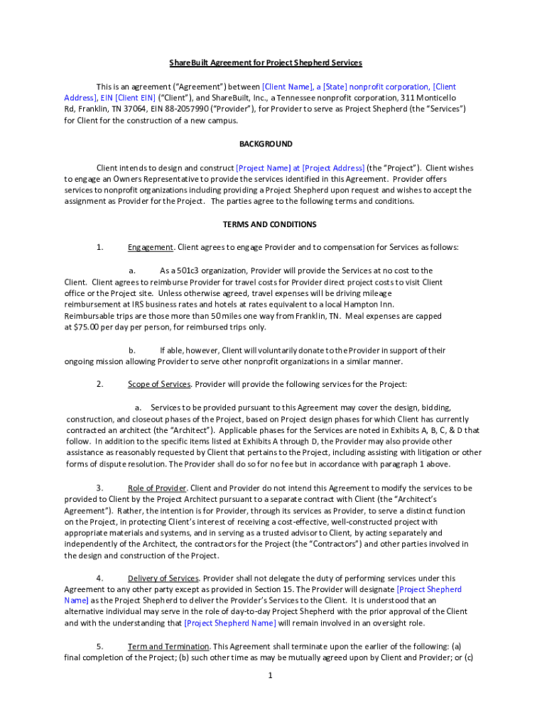 Fillable Online 1 ShareBuilt Agreement for Project Shepherd Services ...