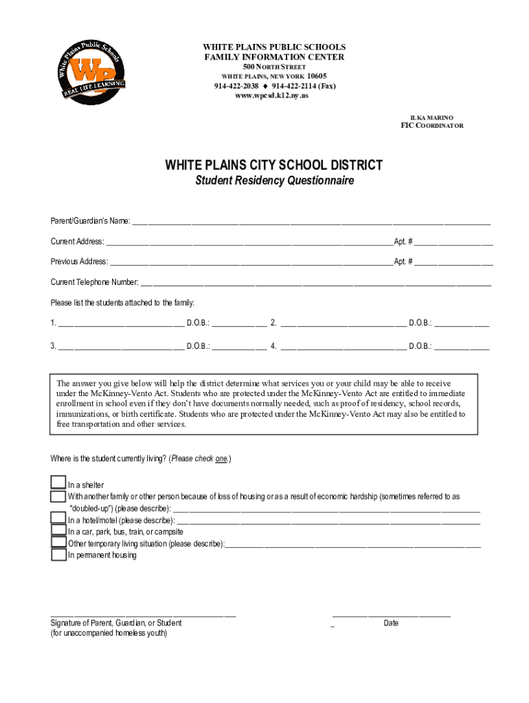Fillable Online White Plains City School District Student Residency Questionnaire Fax Email ...