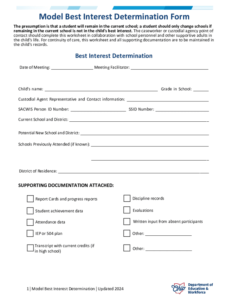 Fillable Online Model Best Interest Determination Form. Model Best ...