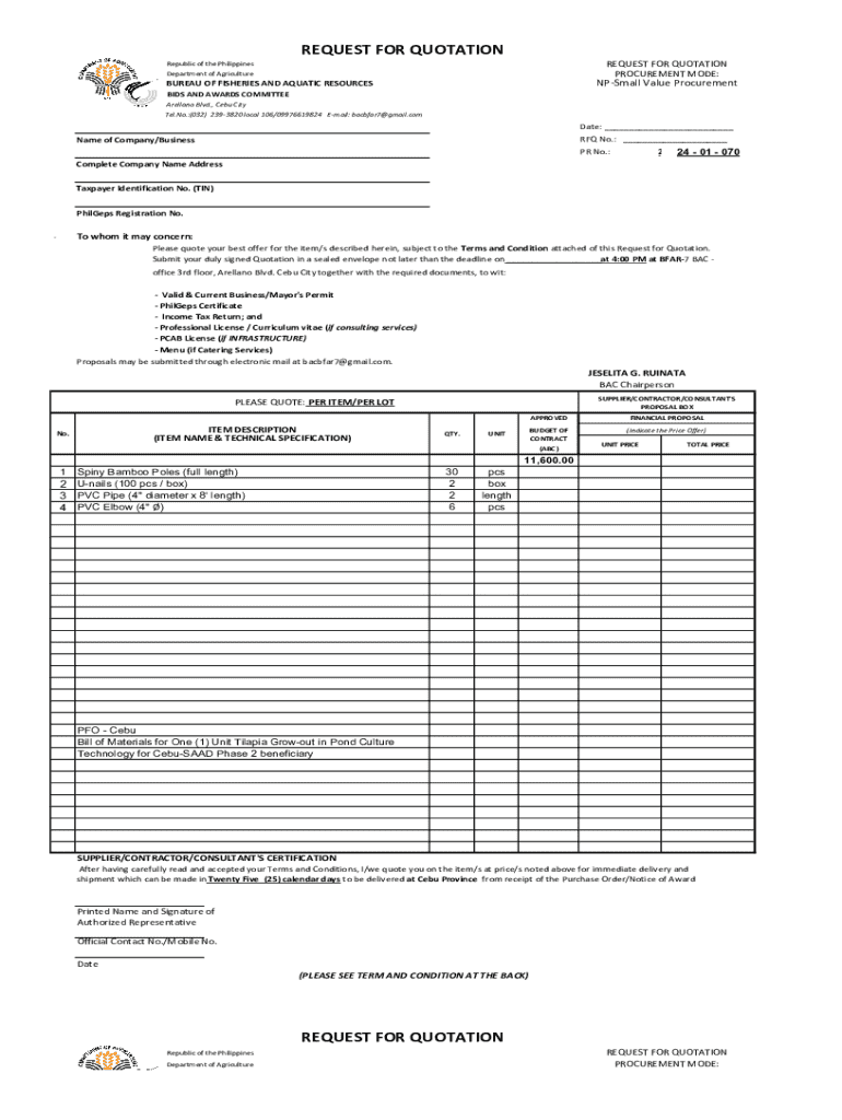 Fillable Online Request for Quotation - Bureau of Fisheries and Aquatic Resources Fax Email ...