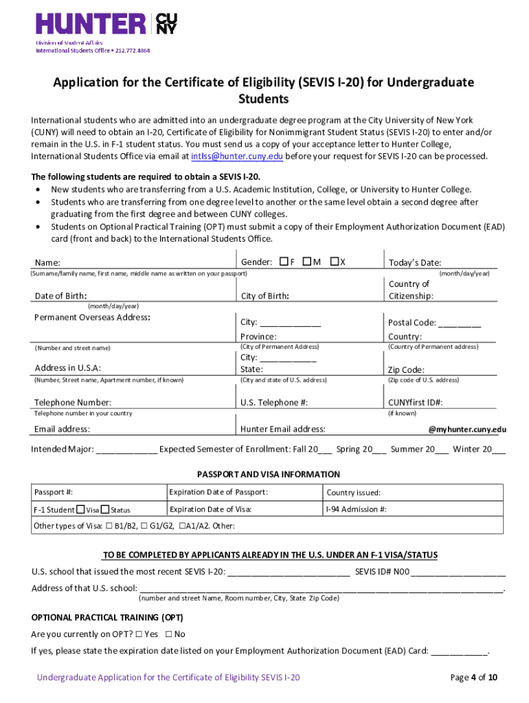 Fillable Online Undergraduate Certificate of Eligibility for SEVIS I-20 Hunter College Fax Email ...