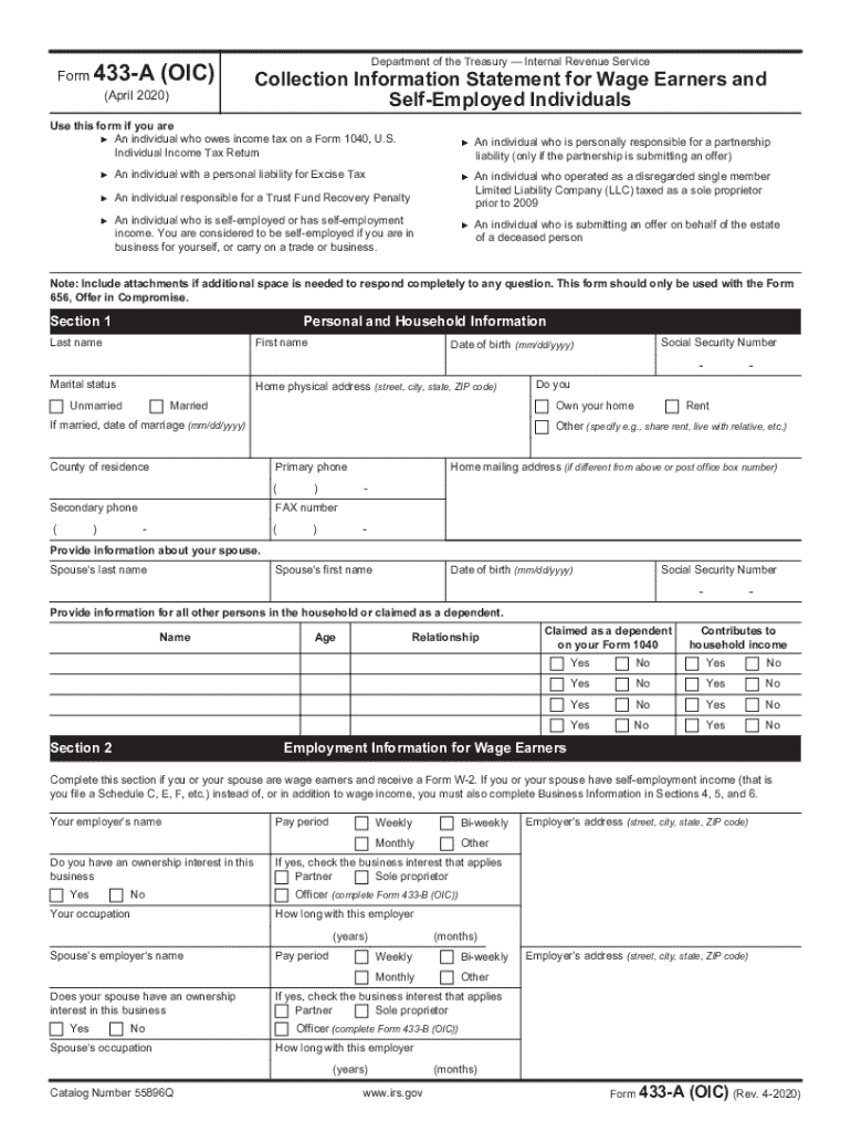 IRS Form 433-A (OIC) Collection Information Statement - Blank Fillable ...