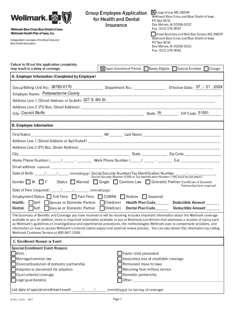 Fillable Online Group Employee Application for Health and Dental ...