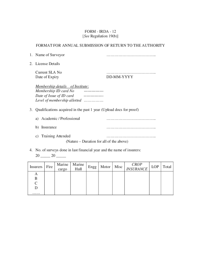 Fillable Online Form-IRDA-12:Format For Annual Submission of Return to ...