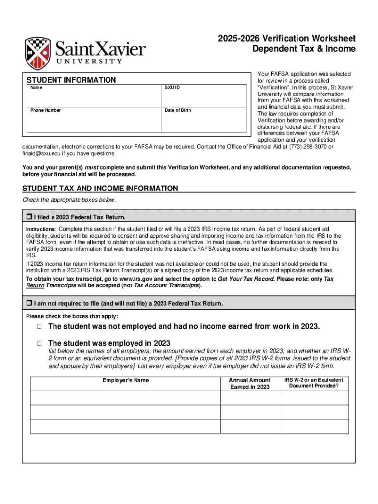 Fillable Online 2025-2026 Verification Worksheet Dependent Tax & Income Fax Email Print - pdfFiller