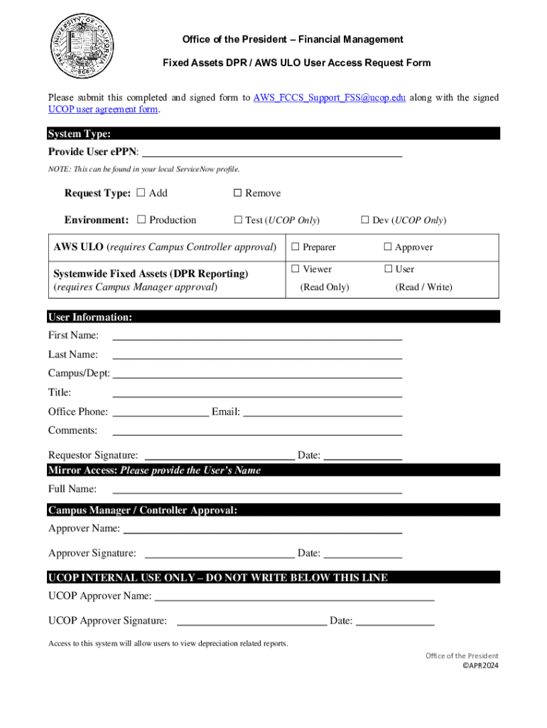 Fillable Online User Access Request for Fixed Assets Dpr/aws Ulo Fax Email Print - pdfFiller