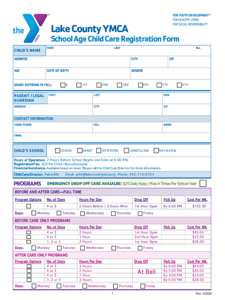 Fillable Online Lake County Ymca School Age Child Care Registration Fax Email Print - pdfFiller